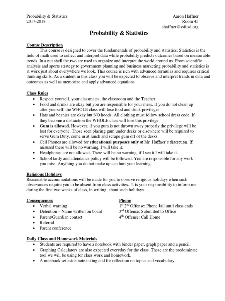 Probability Statistics Syllabus 20172018 | PDF | Homework | Textbook