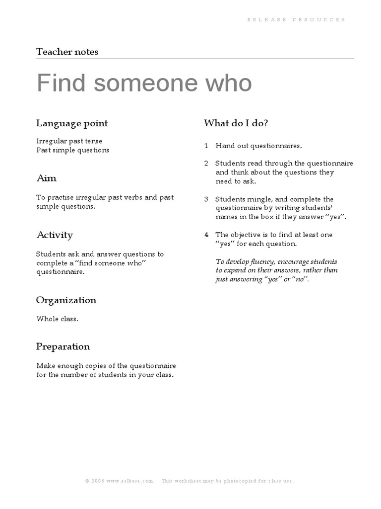 Past Simple Find Someone Who PDF | PDF | Syntactic Relationships ...