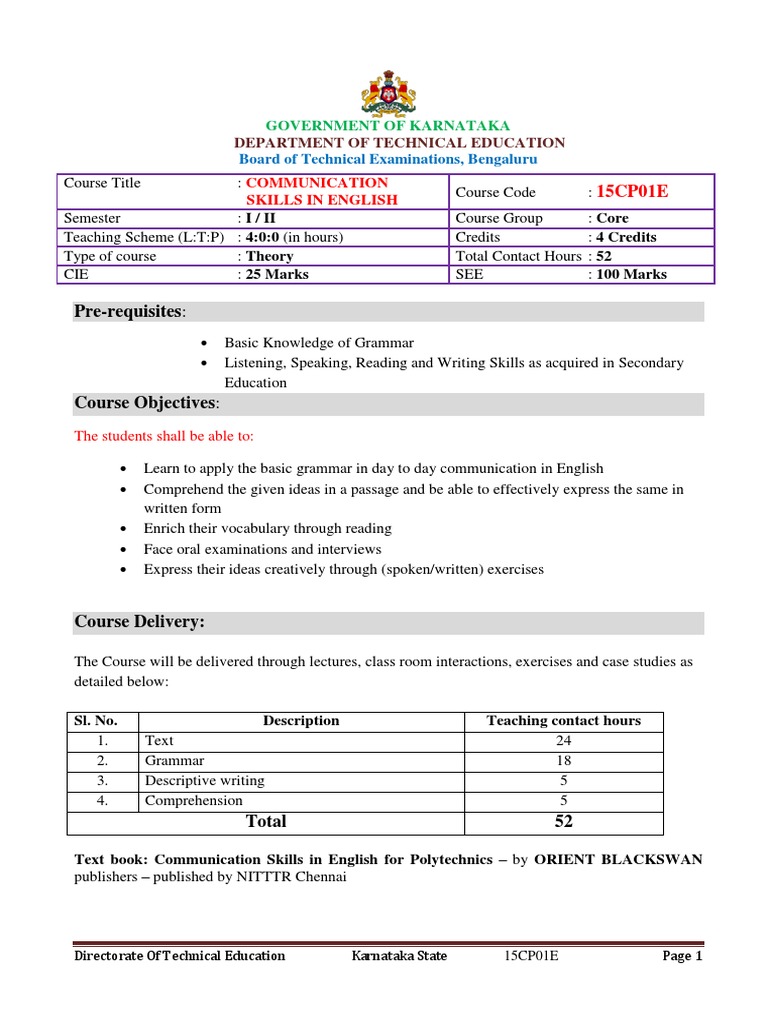 English Communication Skills Course Outline | PDF | Reading ...