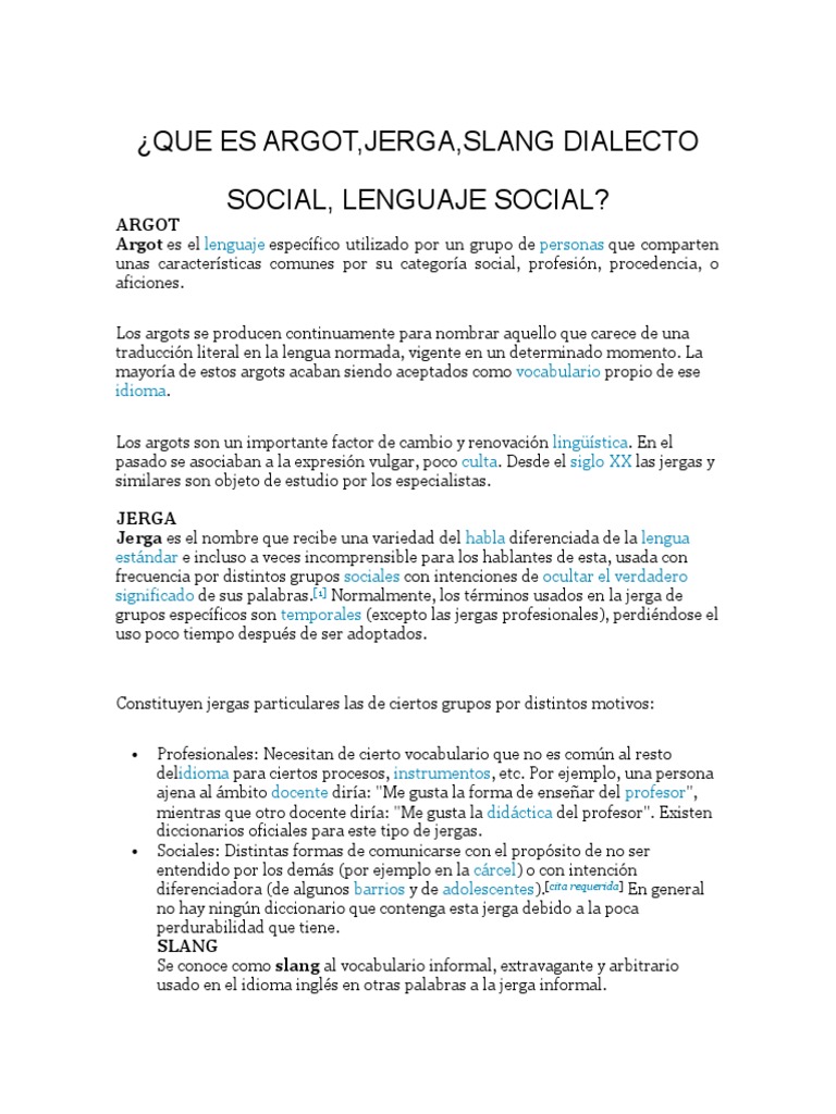 Argot y Jerga: Lenguajes Sociales | PDF | Dialecto | Jerga