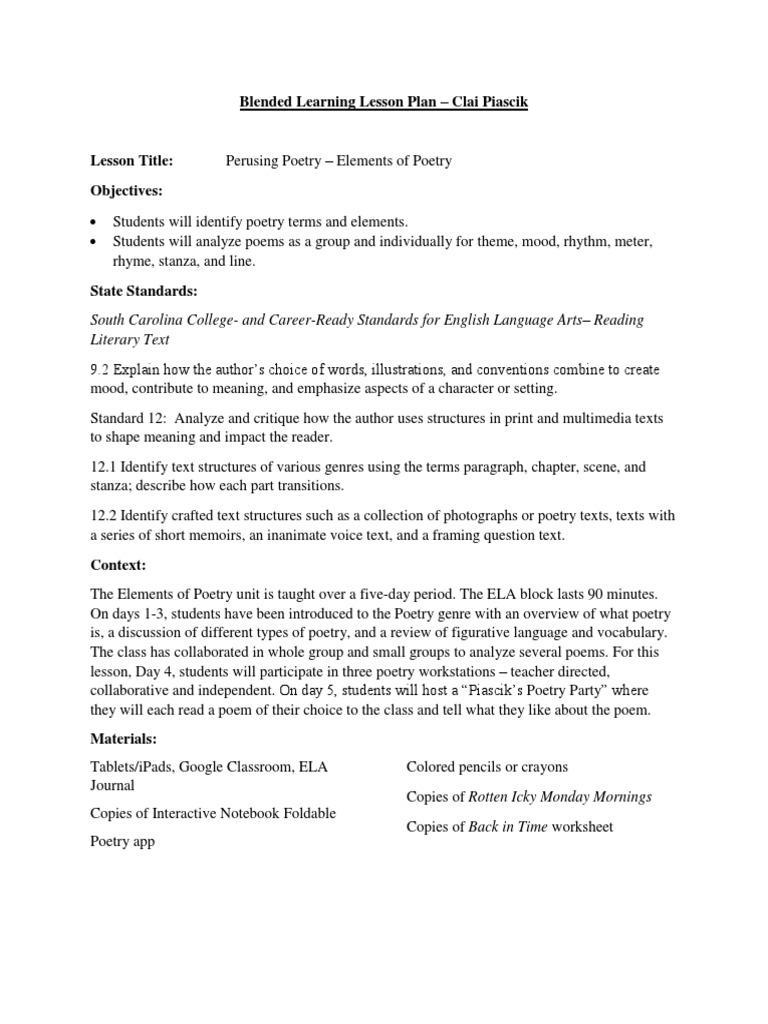 Blended Learning Lesson Plan Piascik | PDF | Poetry | Lesson Plan