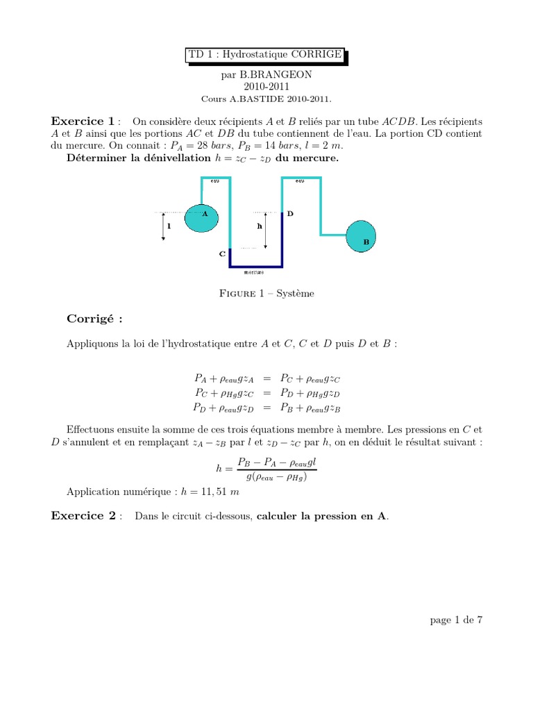 TD - Hydrostatique Avec Corrigé - 2 PDF | PDF | mesure de pression ...