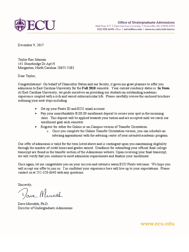 Ecu Acceptance Letter | PDF