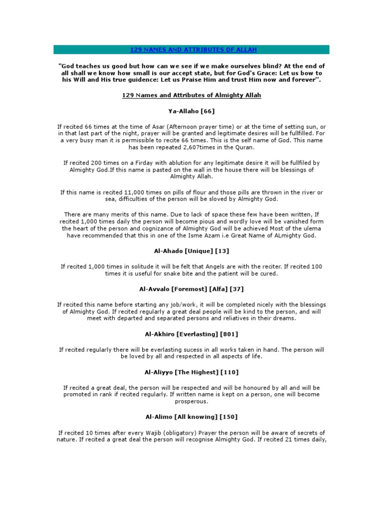129 Attributes of Allah for Blessings | PDF