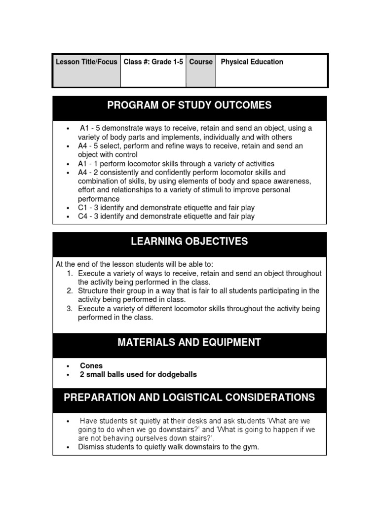 Grade 1 Physical Education Lesson Plan | PDF | Physical Education ...