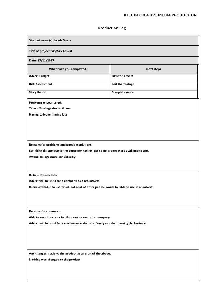 Production Log | PDF