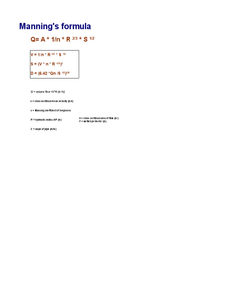 Flow, Slope &pipe Dia. Calculation Using Manning's Formula | PDF ...