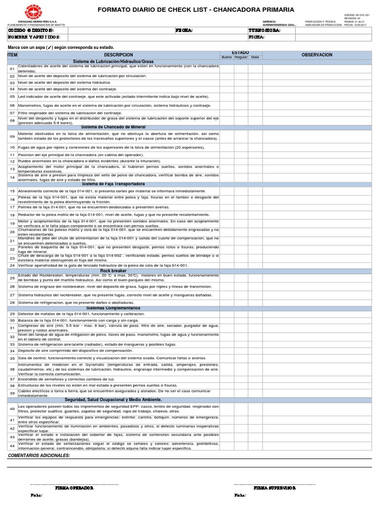 01 Check List Chancadora Primaria-02 | PDF | Science | Tecnología (general)