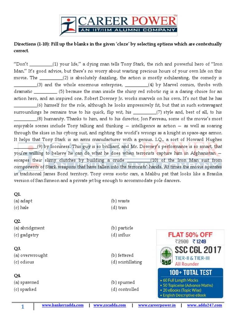 30 Questions Cloze Test SSC CGL 2017 | PDF