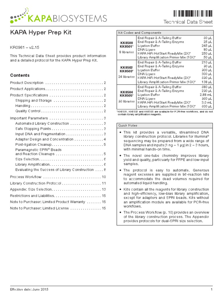 03 KAPA Hyper Prep Kit KR0961-TDSv2.15 Final 24 RXN Reddy GGR | PDF | Dna Sequencing ...