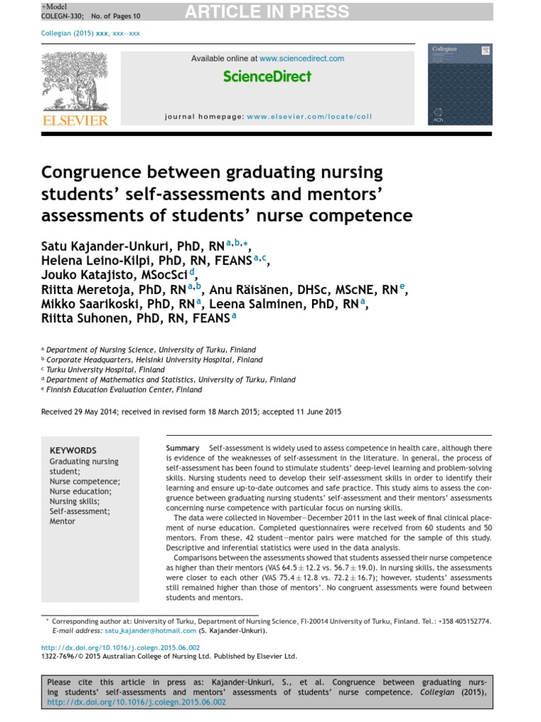 Congruence Between Graduating Nursing Students' Self-Assessments and Mentors' Assessments of ...