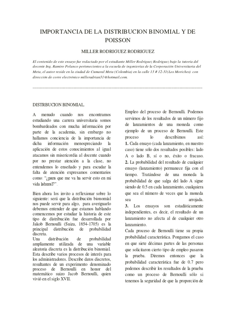Importancia de La Distribucion Binomial Y de Poisson: Miller Rodriguez Rodriguez | PDF ...