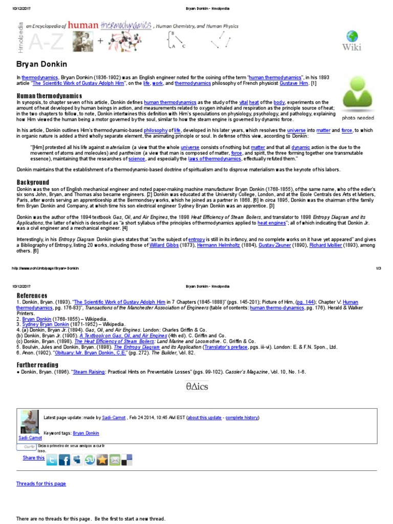 Bryan Donkin - Hmolpedia | PDF | Materialism | Thermodynamics
