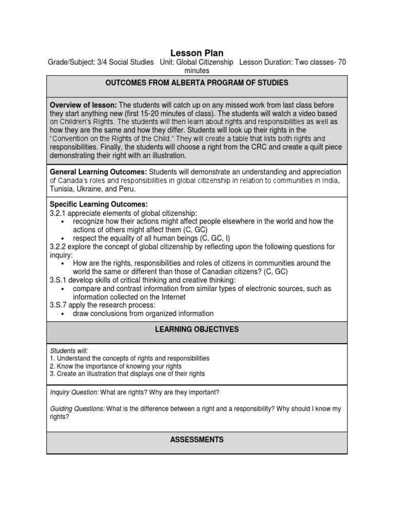 Global Citizenship Lesson Plan for Grade 4 | PDF | Educational ...