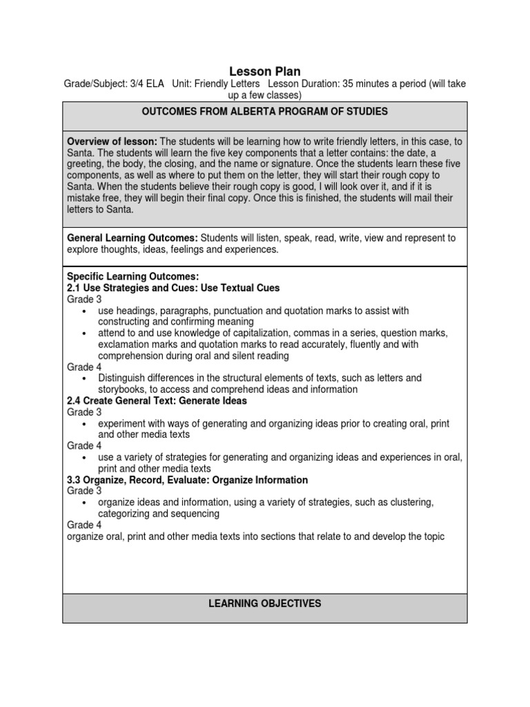 Friendly Letter Writing Lesson Plan | PDF | Educational Assessment ...