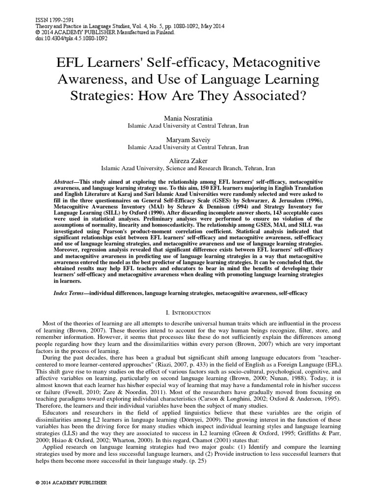 Self Afficacy | PDF | Metacognition | Regression Analysis