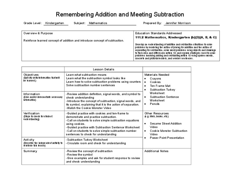 Jennifer Morrison Lesson Plan 20171102 | PDF | Subtraction | Concept