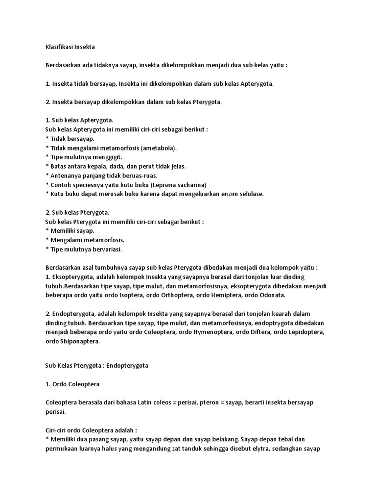 Klasifikasi Sub Kelas Insekta | PDF
