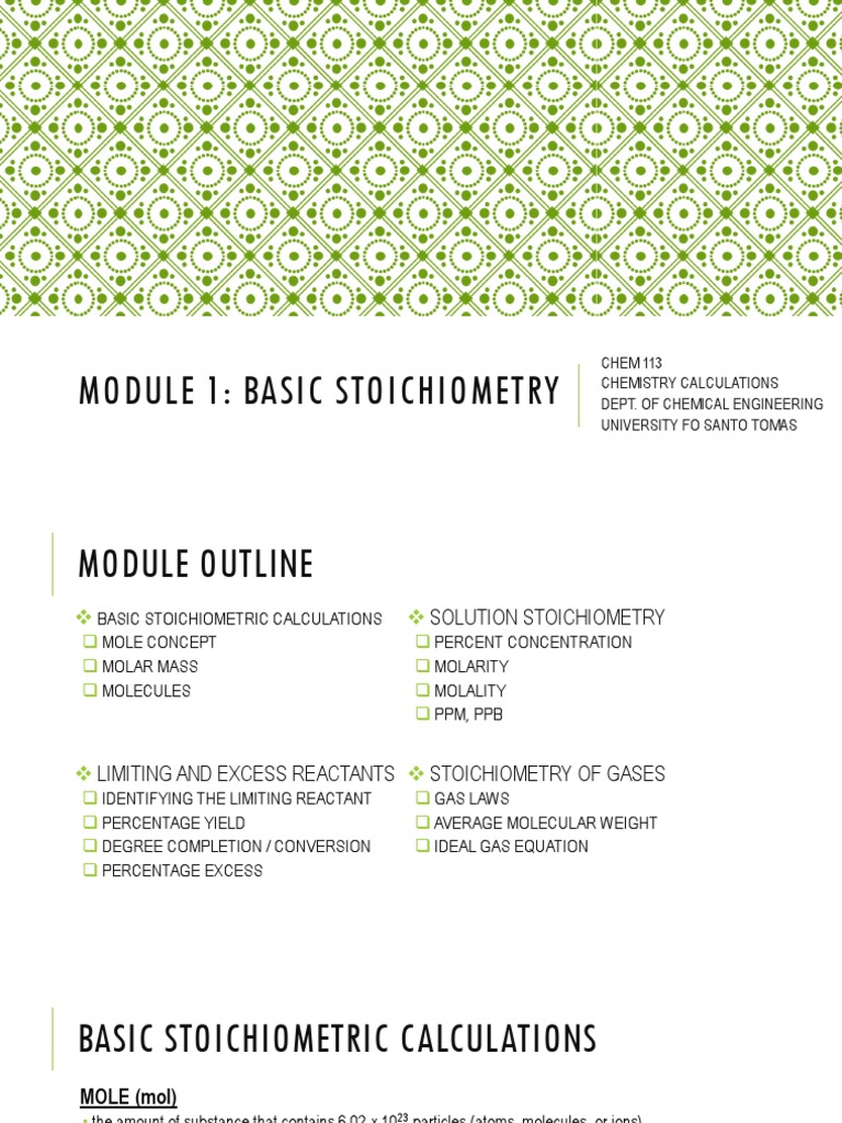 Module 1: Basic Stoichiometry: CHEM 113 Chemistry Calculations Dept. of ...