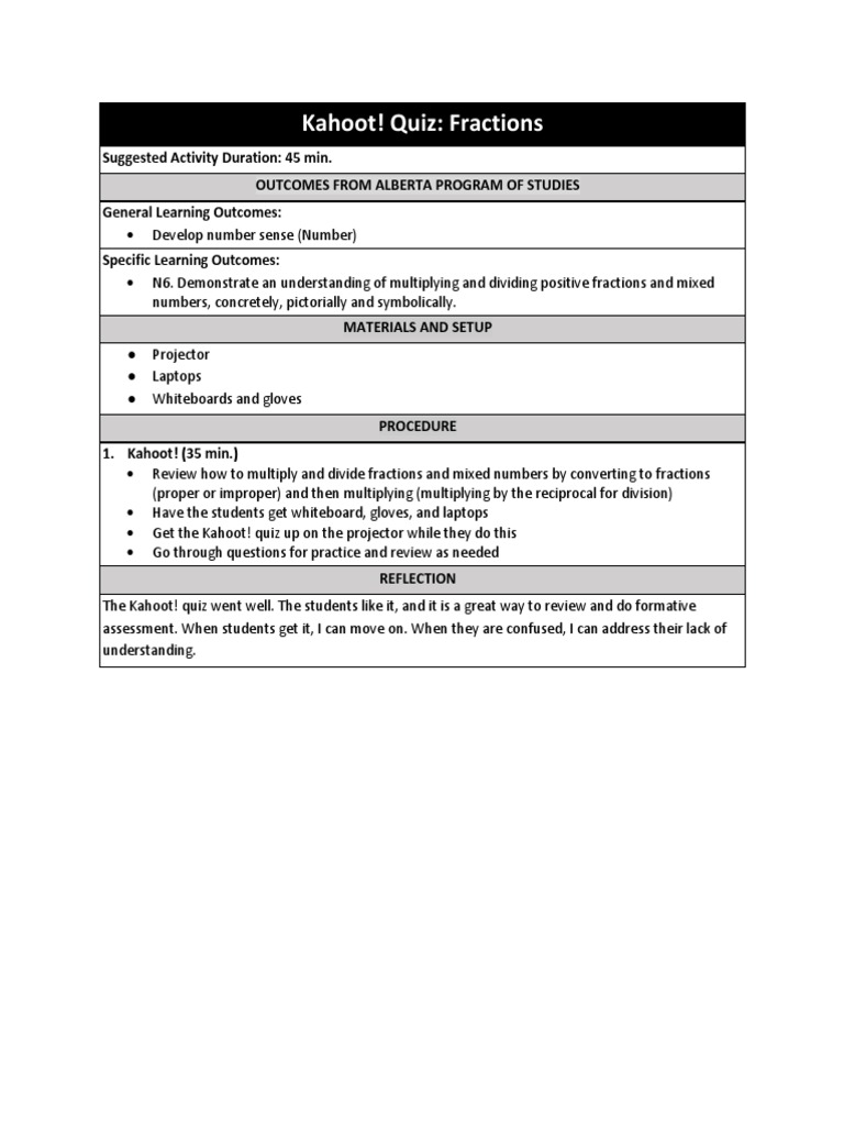 Fractions Kahoot Quiz | PDF