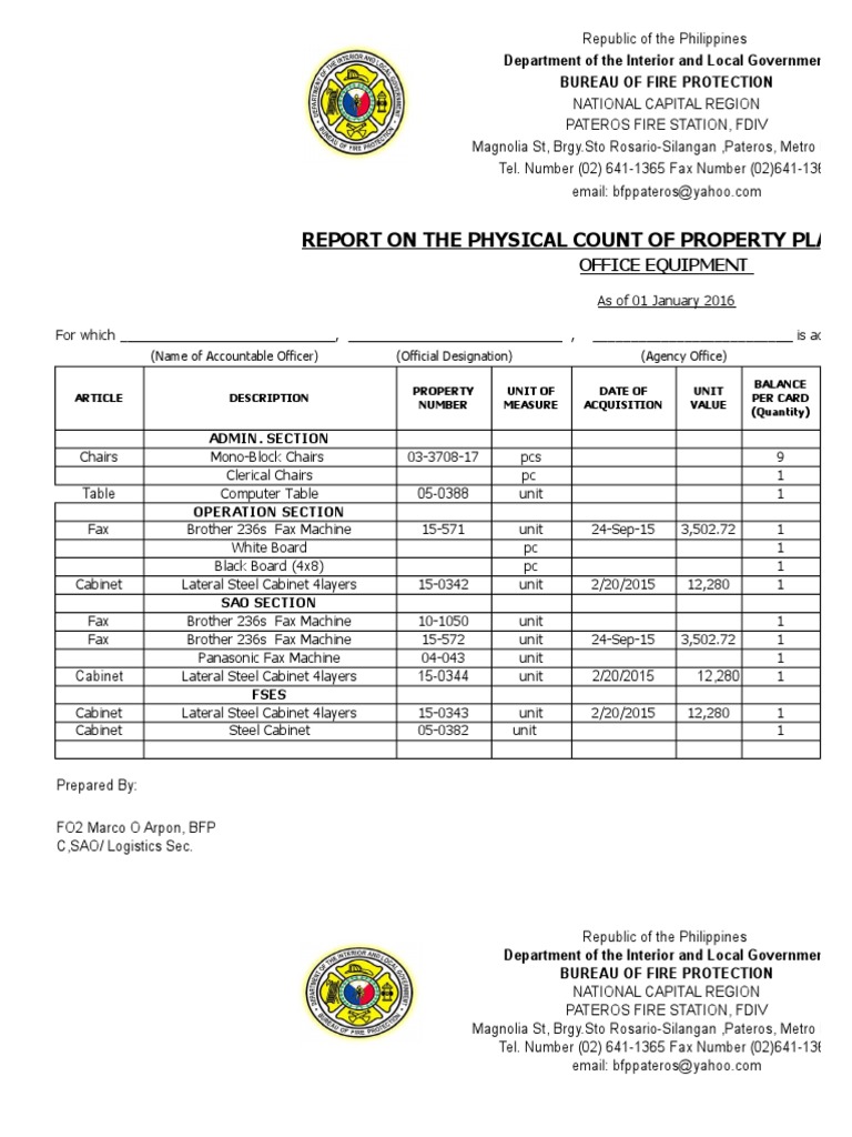 Report On The Physical Count of Property Plant and Equipment | PDF ...