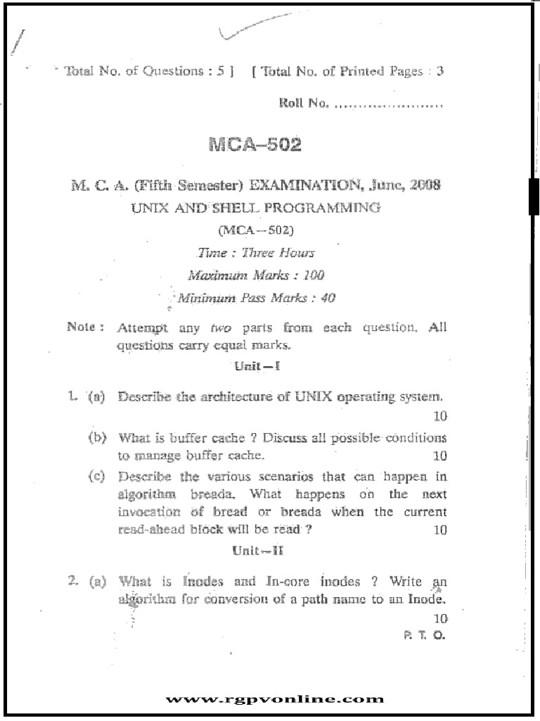 Mca-502 Unix and Shell Programming Jun 2008 PDF | Download Free PDF | C (Programming Language ...