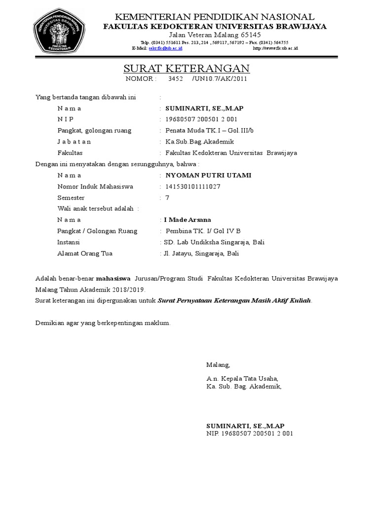 Surat Keterangan Mahasiswa FK UB | PDF