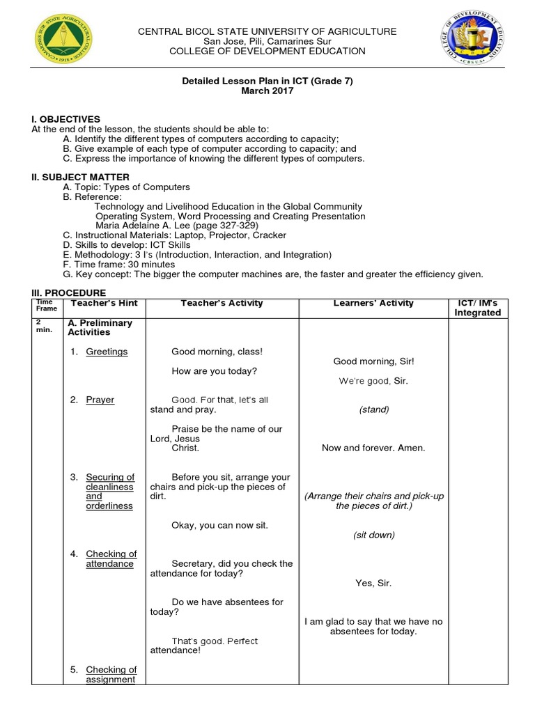 Detailed Lesson Plan in ICT (Grade 7) March 2017: Time Frame | PDF | Microcomputers | Mainframe ...