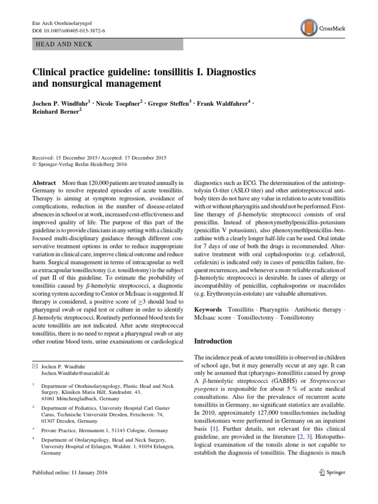 Clinical Practice Guideline: Tonsillitis I. Diagnostics and Nonsurgical ...