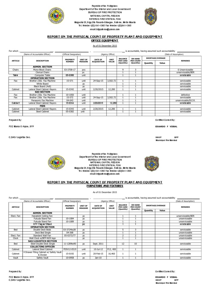 Report On The Physical Count of Property Plant and Equipment | PDF ...