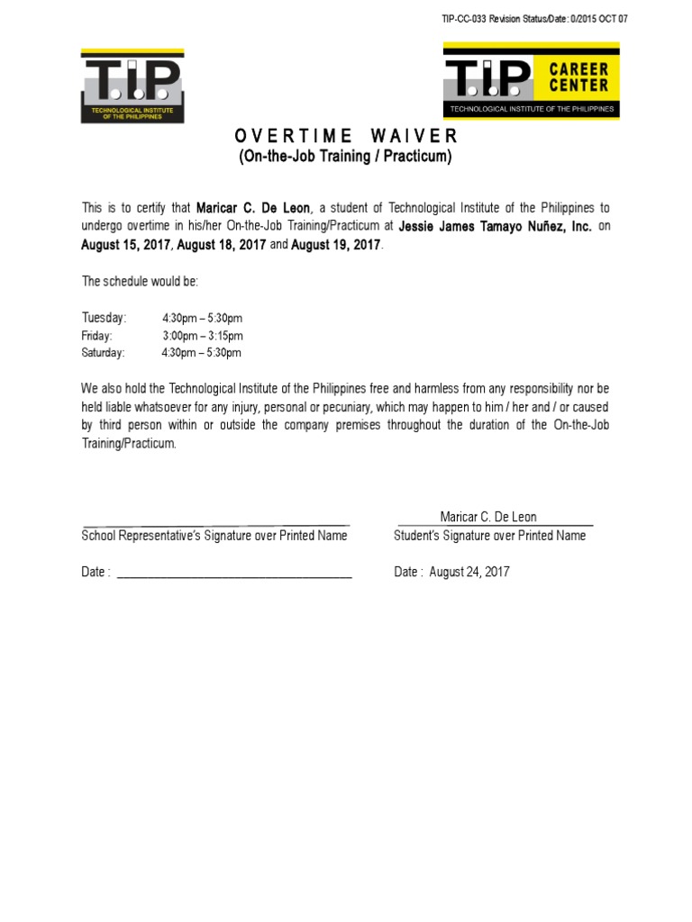 Overtime Waiver: (On-the-Job Training / Practicum) | PDF | Business