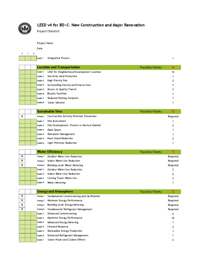 LEED v4 For Building Design and Construction Checklist | PDF ...