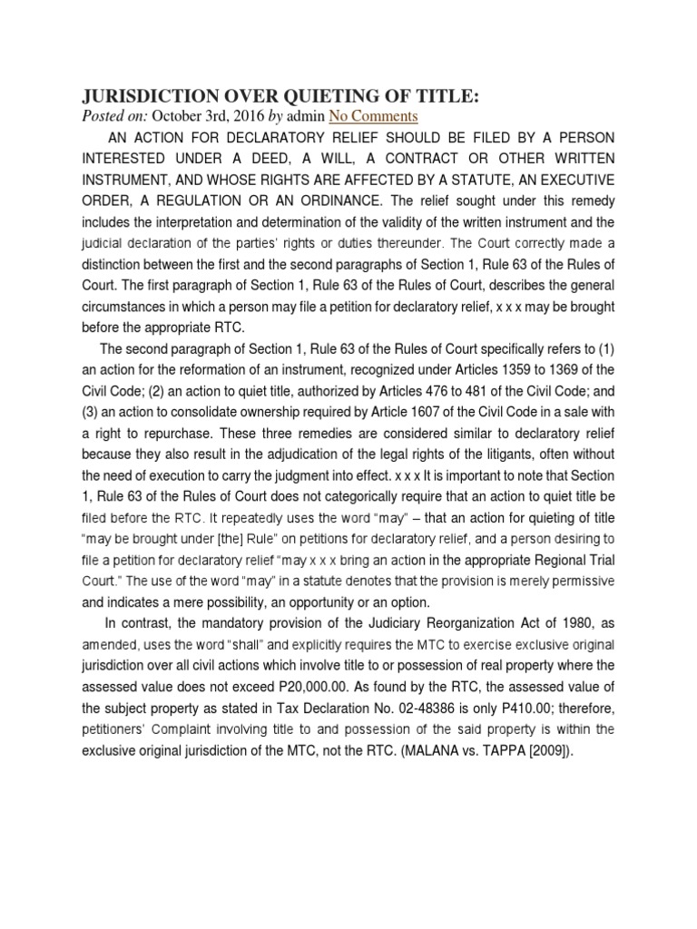 Jurisdiction Quieting of Title | PDF | Declaratory Judgment | Legal Remedy