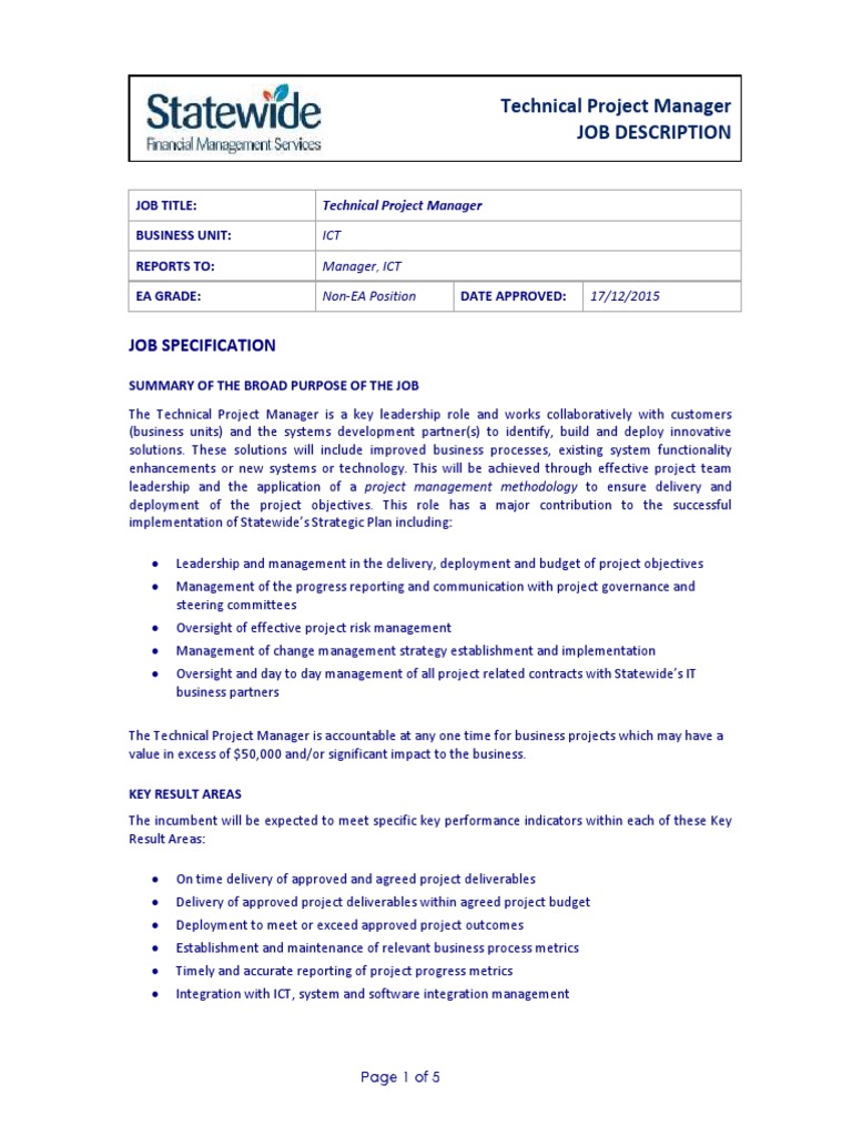 Technical Project Manager Job Overview | PDF | Business Process ...