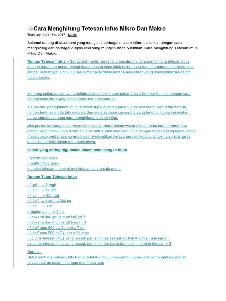Cara Menghitung Tetesan Infus Mikro Dan Makro | PDF