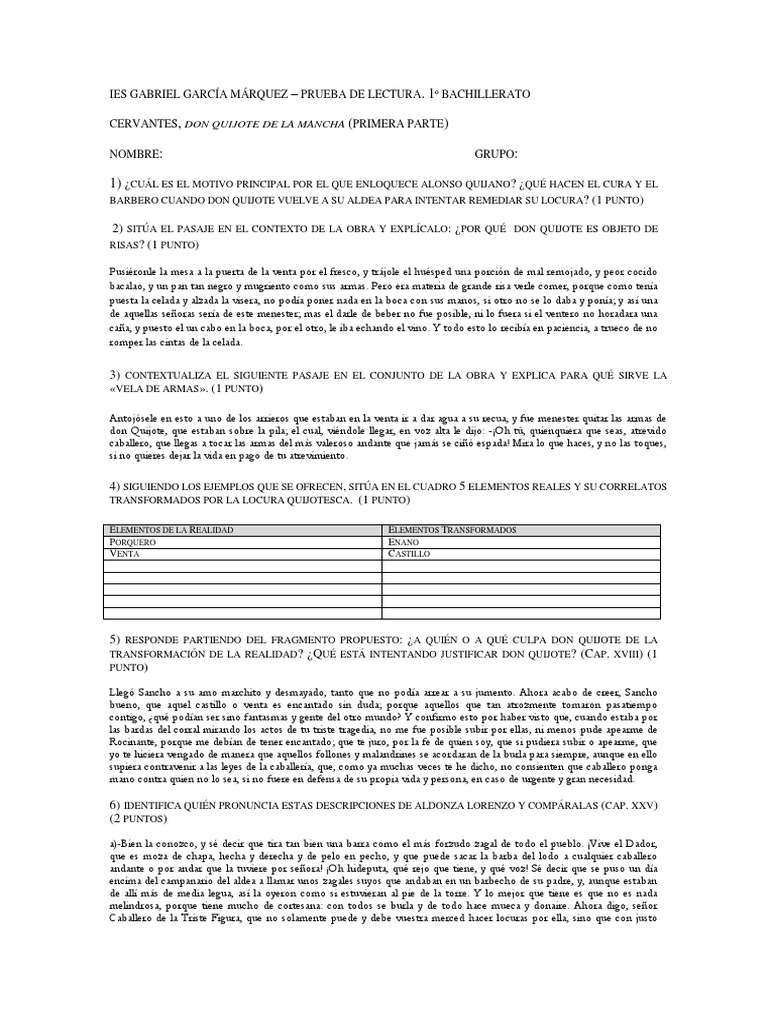 Examen de Don Quijote para 1º Bachillerato | PDF | Don Quijote | Personas