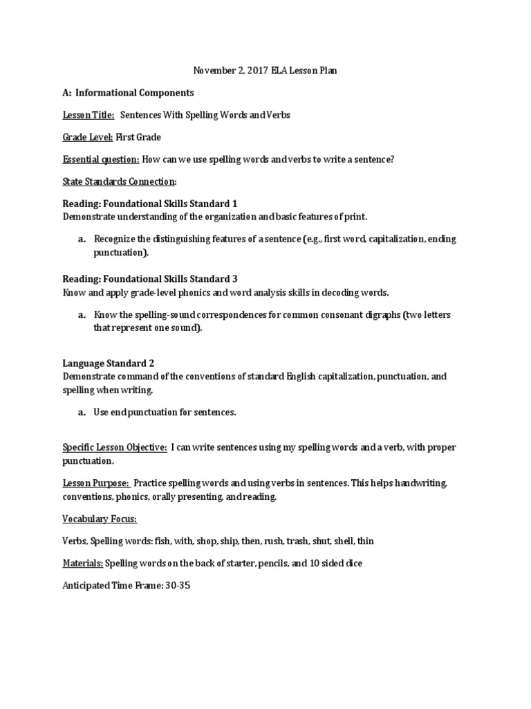 Ela Lesson Plan Sentences With Spelling Words | PDF | Phonics | Word