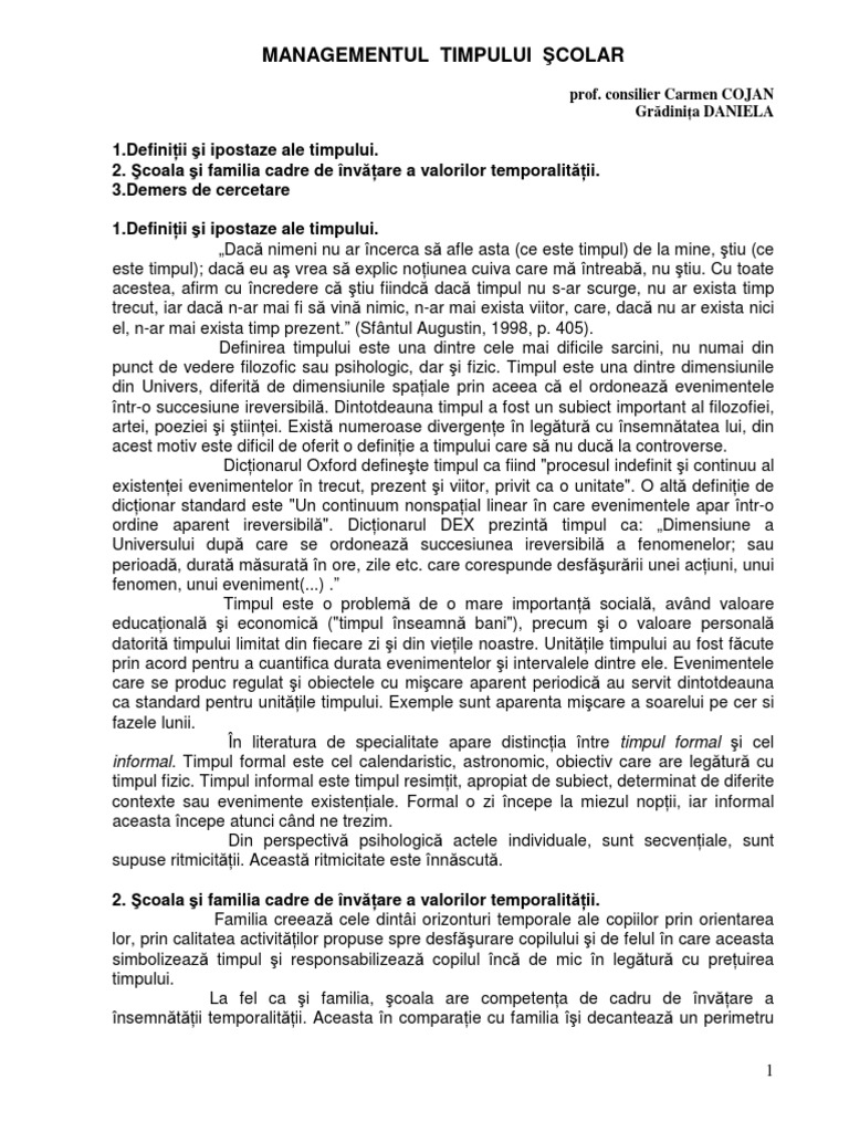 Managementul Timpului Scolar PDF | PDF
