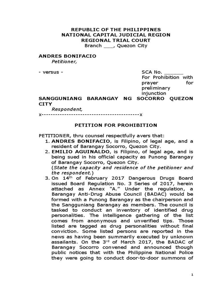 Petition for Prohibition and Injunction | PDF | Writ Of Prohibition ...