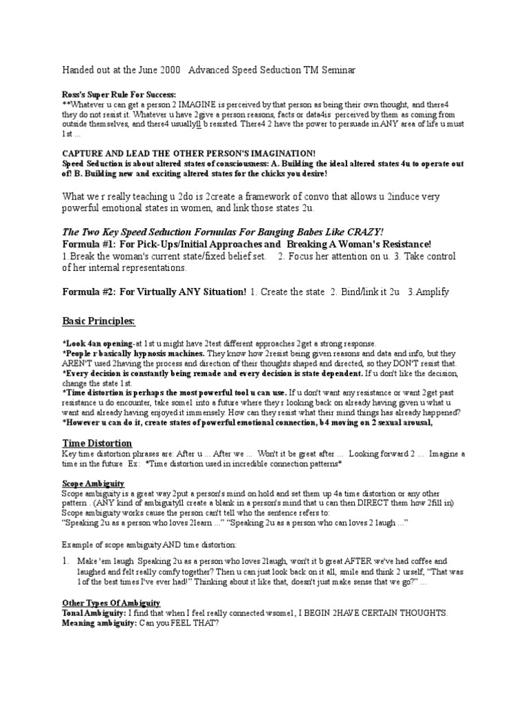 NLP Jeffries, Ross Advanced Speed Seduction Seminar Note | PDF | Neuro ...