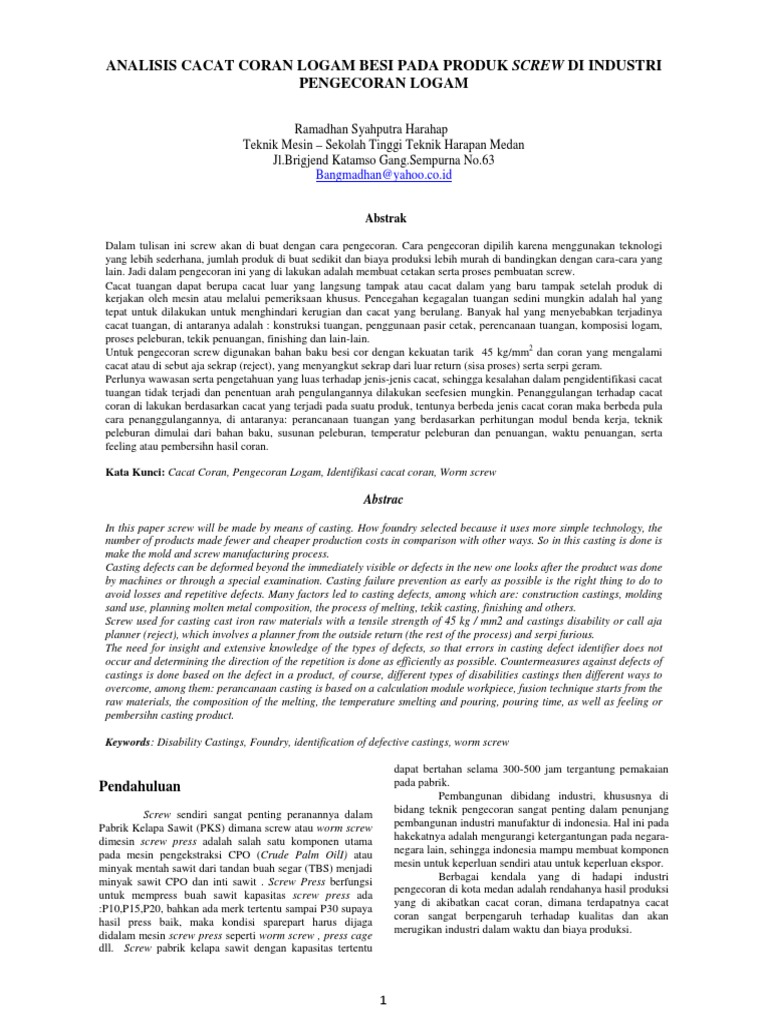 v1213 Analisis Cacat Coran Logam Besi Pada Produk Screw Di Industri ...