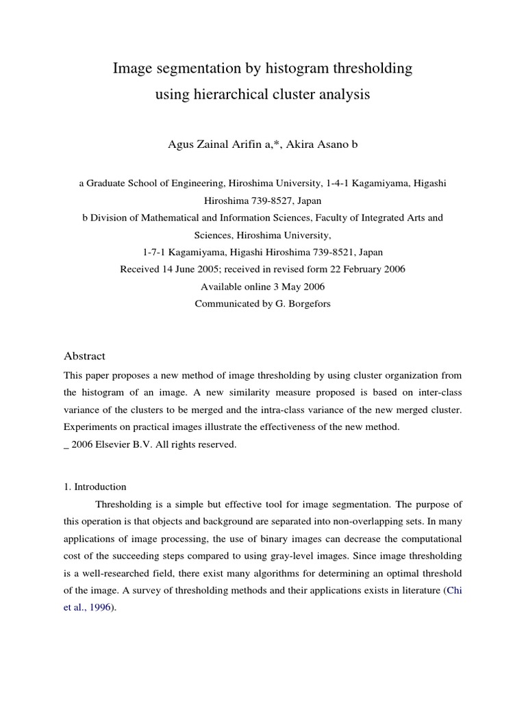 Image Segmentation by Histogram Thresholding | PDF | Cluster Analysis | Image Segmentation