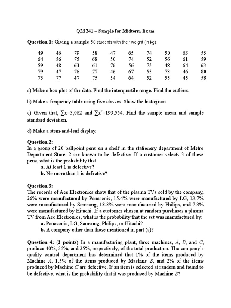 QM 241 - Sample For Midterm Exam: 0 Students With Their Weight (In KG) | Download Free PDF ...