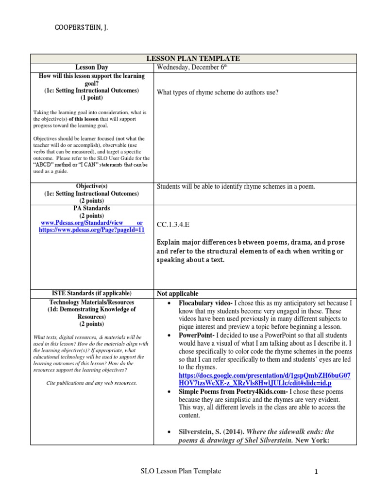 Rhyme Scheme Lesson Plan Overview | PDF | Individualized Education ...
