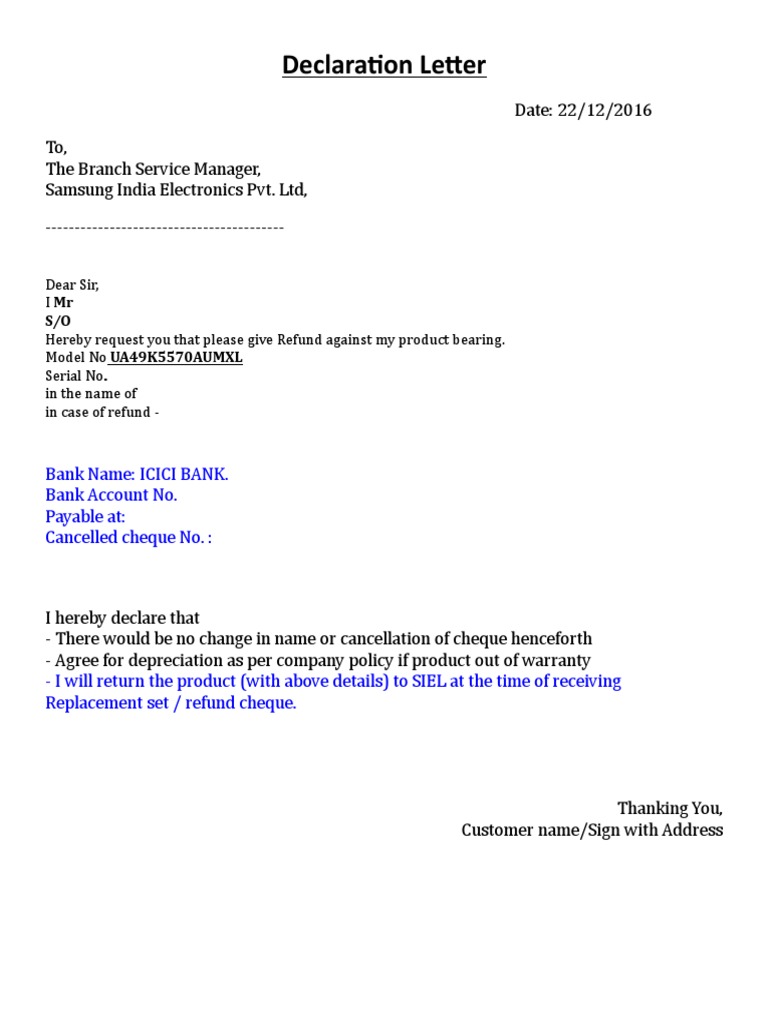 Declaration Letter: Bank Name: ICICI BANK. Bank Account No. Payable At ...