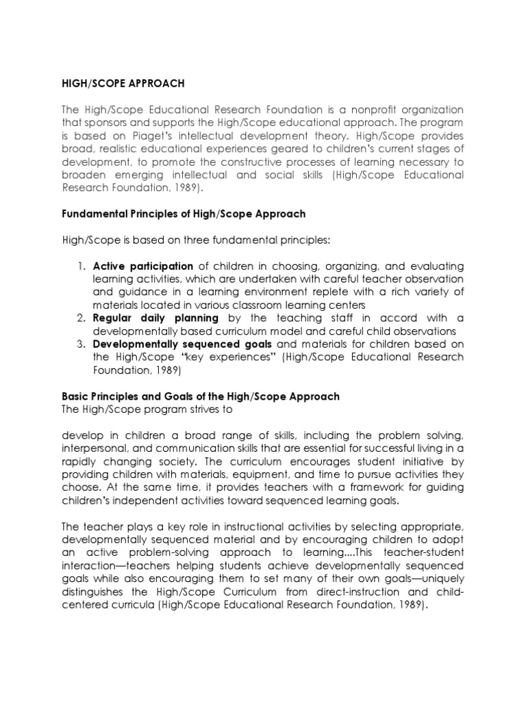 High/Scope Educational Approach Summary | PDF | Curriculum | Early ...