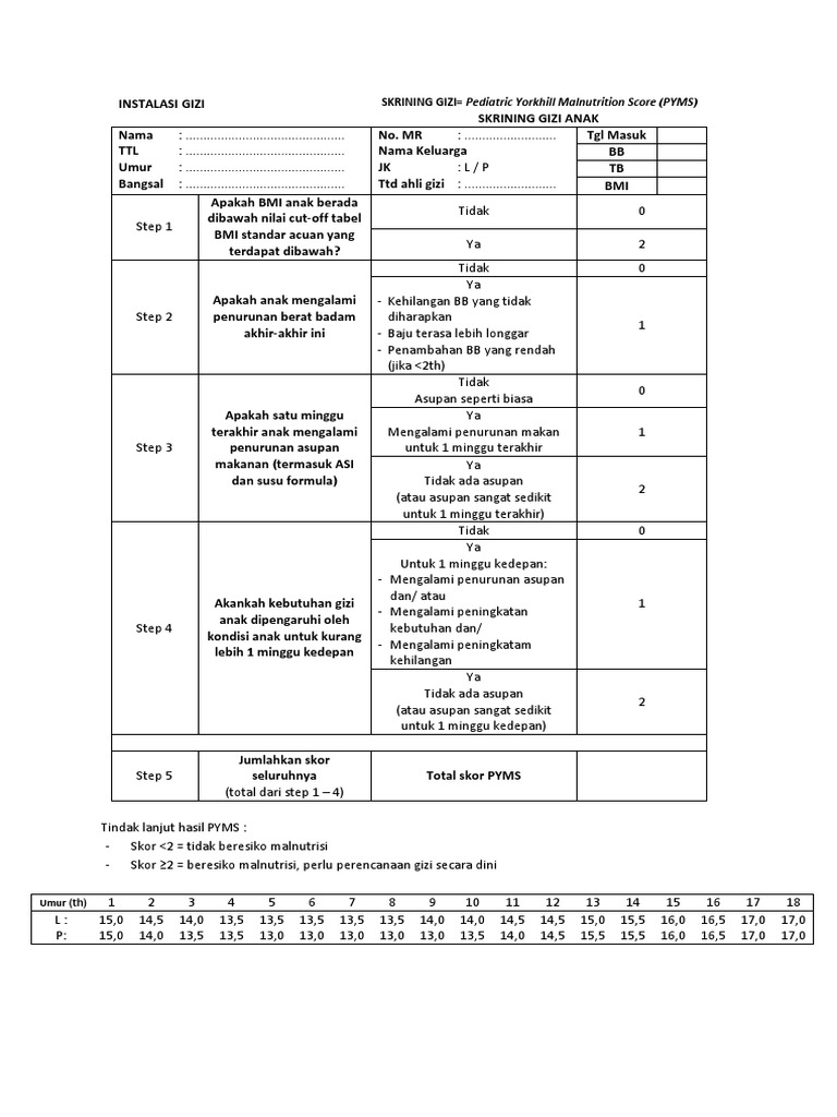 SKRINING GIZI= Pediatric Yorkhill Malnutrition Score (PYMS)