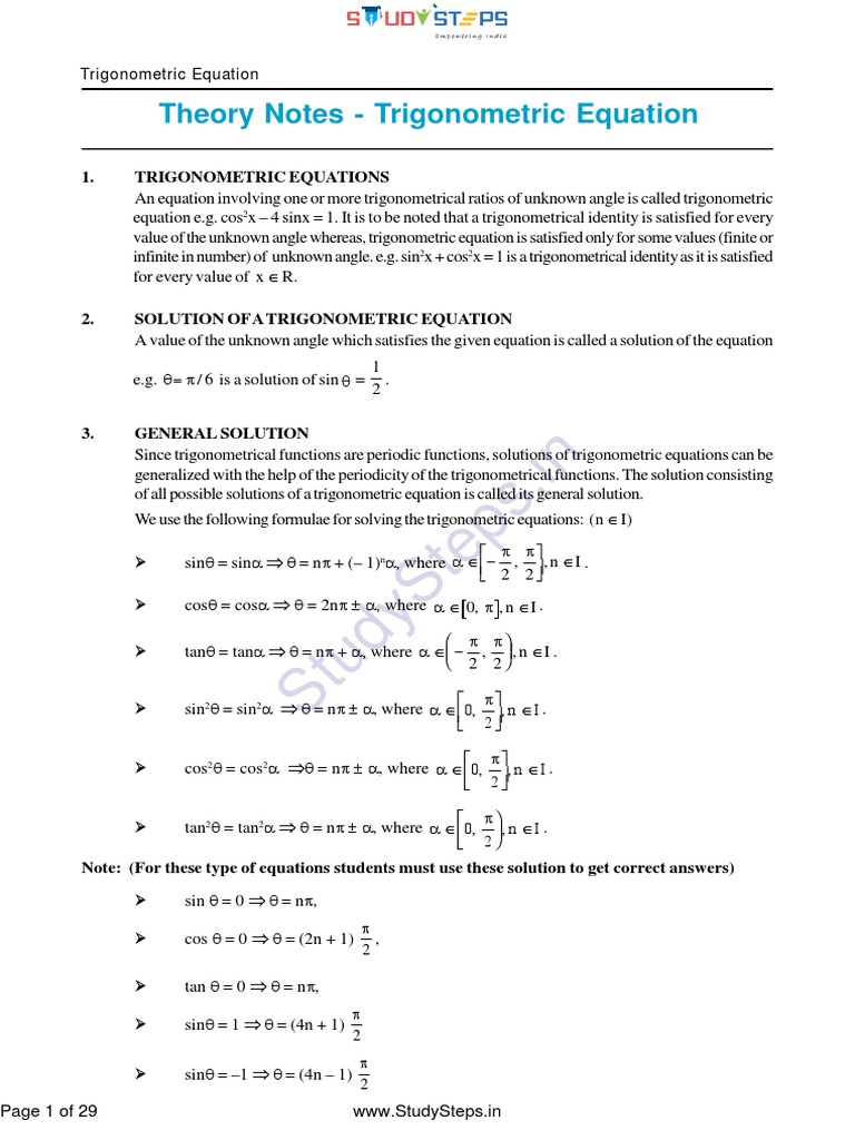 Trignometric Equations Maths Notes | PDF | Trigonometric Functions | Sine