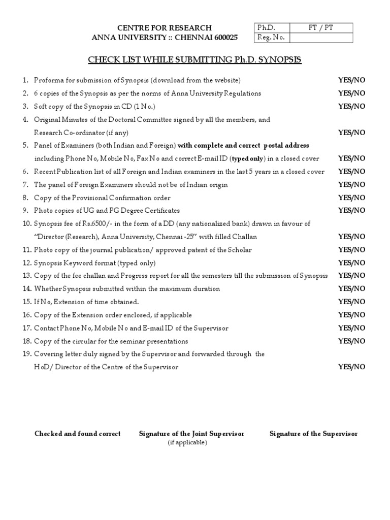 Check List While Submitting Ph.D. Synopsis: Centre For Research Anna ...