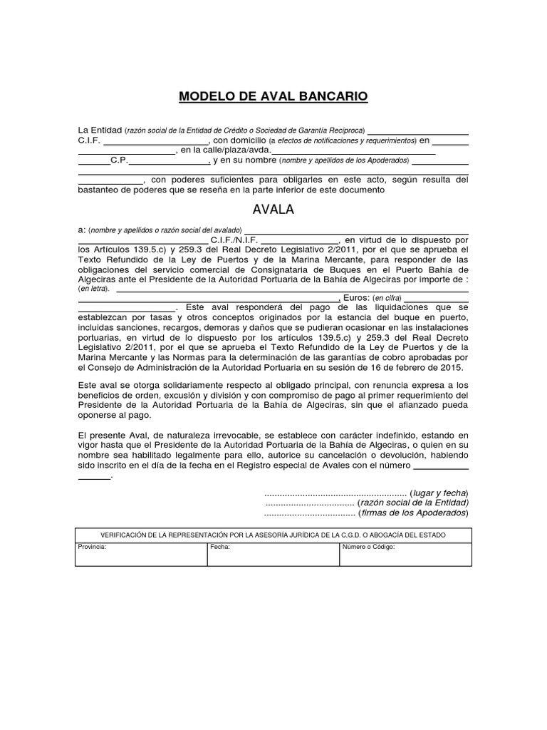 Modelo de Aval Oficial Consignataria Buques | PDF | Garantía de préstamo | Pagos